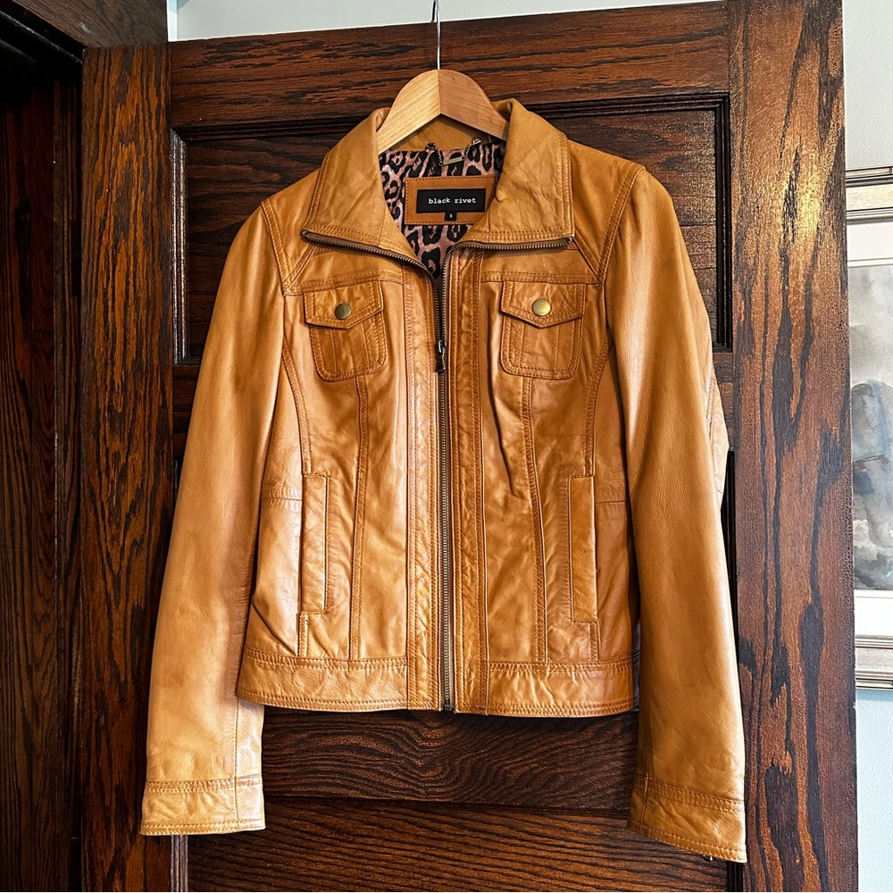 100% Leather Moto Jacket, Gorgeous Cognac Color Black… - Gem